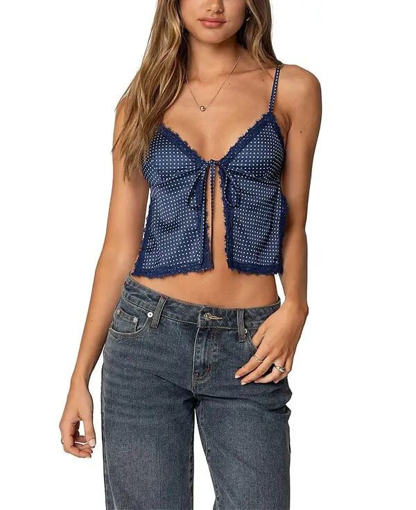 EDIKTED Backless Satin Effect Polka Dot Top - Navy
