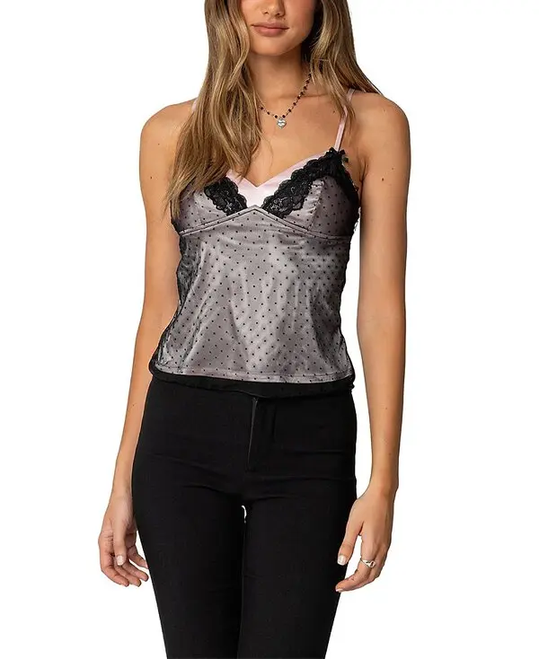 EDIKTED Janie Layered Polka Dot Mesh Top
