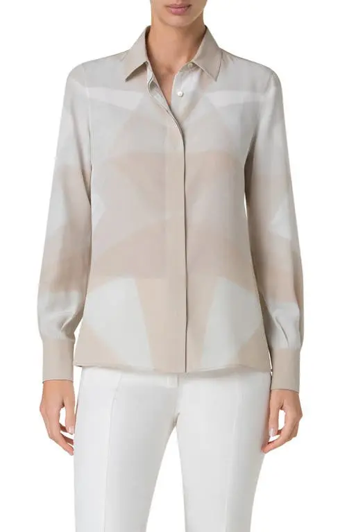 Akris Chiaroscuro Print Silk Crepe Shirt - Greige