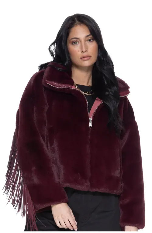 BLUE REVIVAL Dancing In The Moonlight Faux Fur Fringe Jacket - Merlot