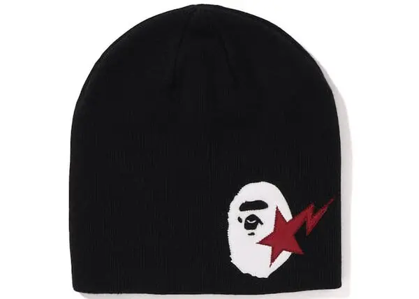 A BATHING APE Leather Patched Knit Beanie - Black