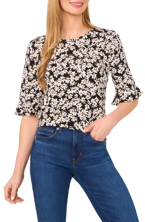 CECE DUPRAZ Floral Print Ruffle Sleeve Top - Rich Black