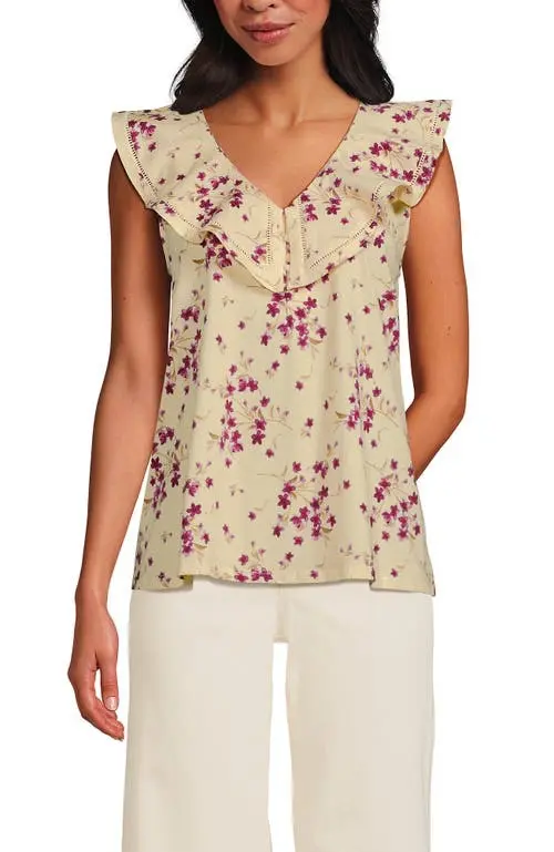 LANDS' END V-neck Ruffle Top - Cream/granite Snowdrop Floral