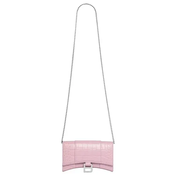 Balenciaga Crocodile Embossed Hourglass Wallet On Chain - Pink
