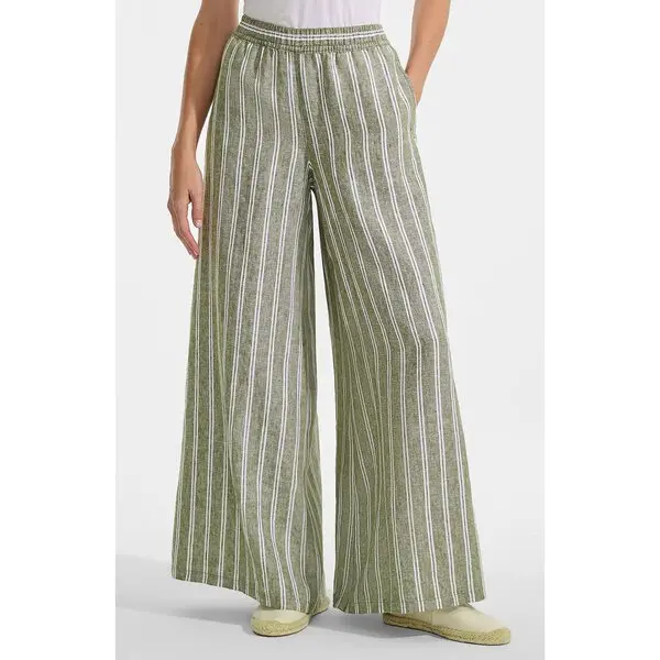 LANDS' END Linen High-rise Palazzo Pants - Artichoke/white Double Stripe