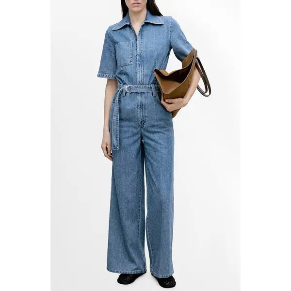 Mango Fleur Tie Waist Denim Jumpsuit - Medium Blue