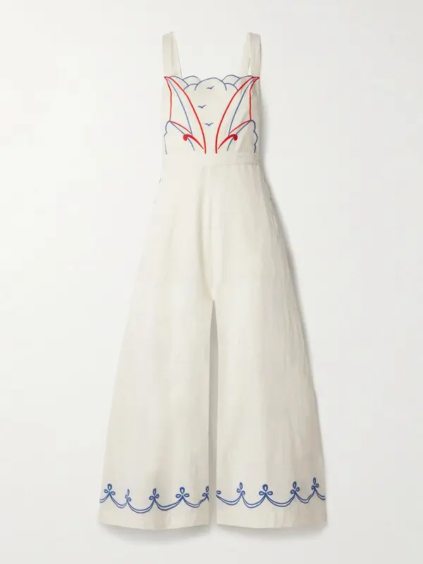 BODE Embroidered Cotton And Linen-blend Jumpsuit - Neutrals