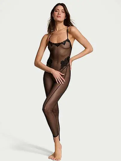 Victoria's Secret Sheer Rose Lace-trim Catsuit - Black