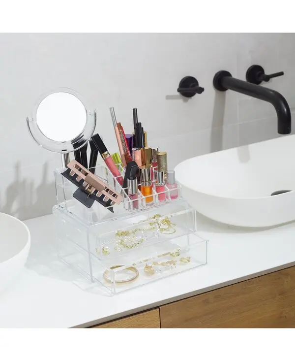 ELLE Clear Makeup Organizer With Vanity Mirror