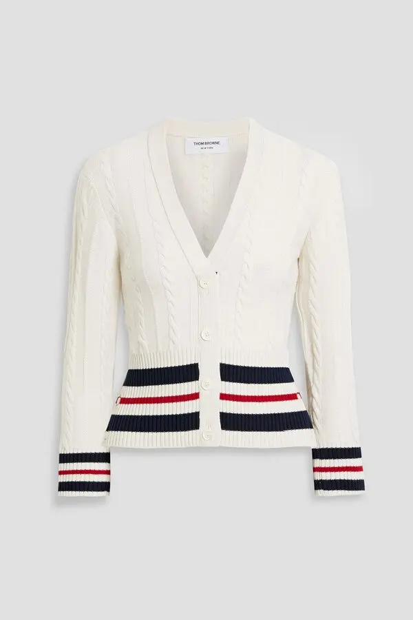 Thom Browne Striped Cable-knit Cashmere Cardigan - Off-white