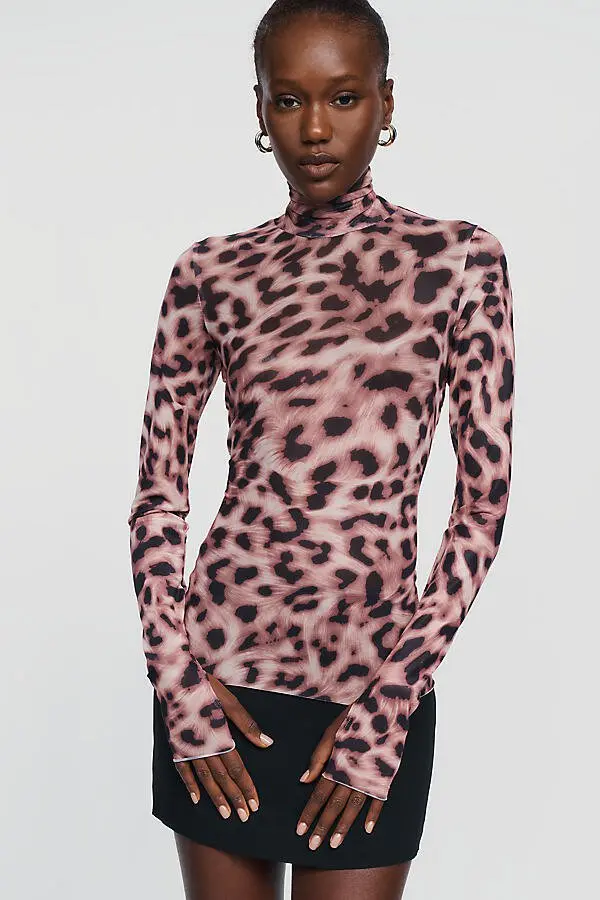 AFRM Zadie Plus Long-sleeve Turtleneck Mesh Top - Warmth Leopard