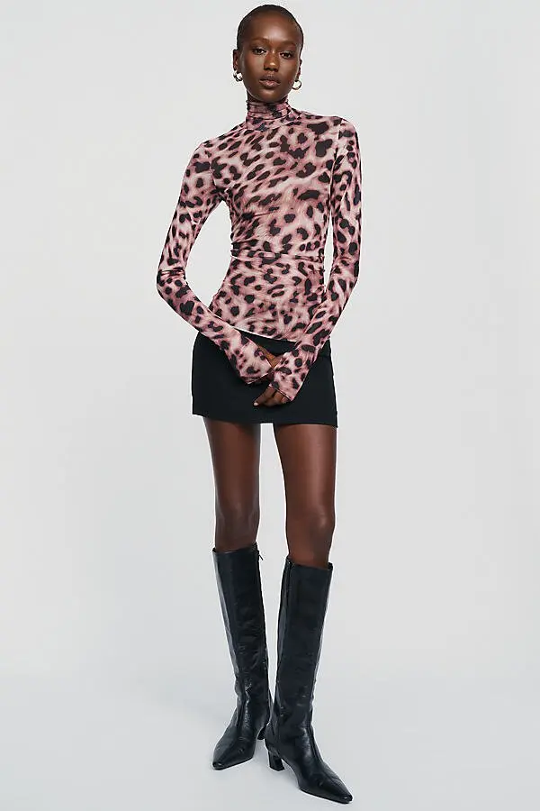 AFRM Zadie Plus Long-sleeve Turtleneck Mesh Top - Warmth Leopard
