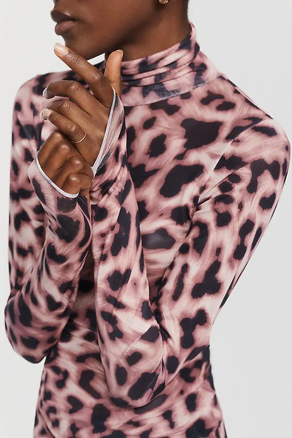 AFRM Zadie Plus Long-sleeve Turtleneck Mesh Top - Warmth Leopard
