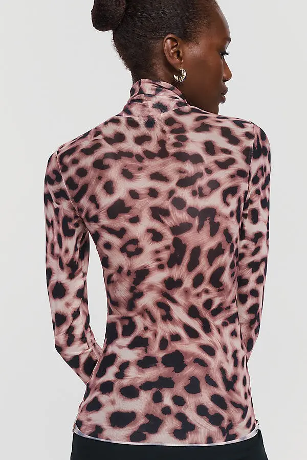 AFRM Zadie Plus Long-sleeve Turtleneck Mesh Top - Warmth Leopard