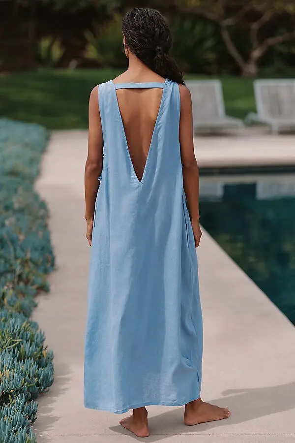 CELANDINE Plunge-neck Linen Blend Maxi Dress