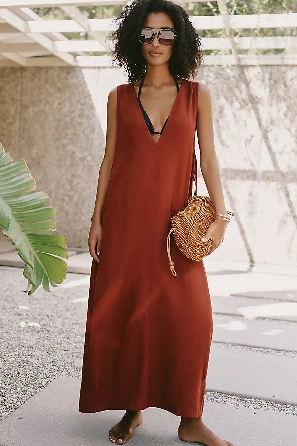 CELANDINE Plunge-neck Linen Blend Maxi Dress - Brown