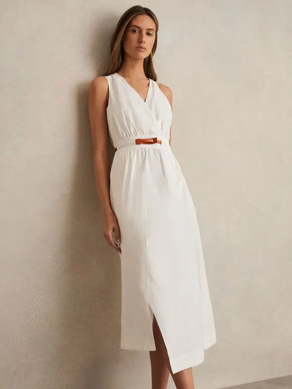REISS Brianne Poplin Belted Midi Dress