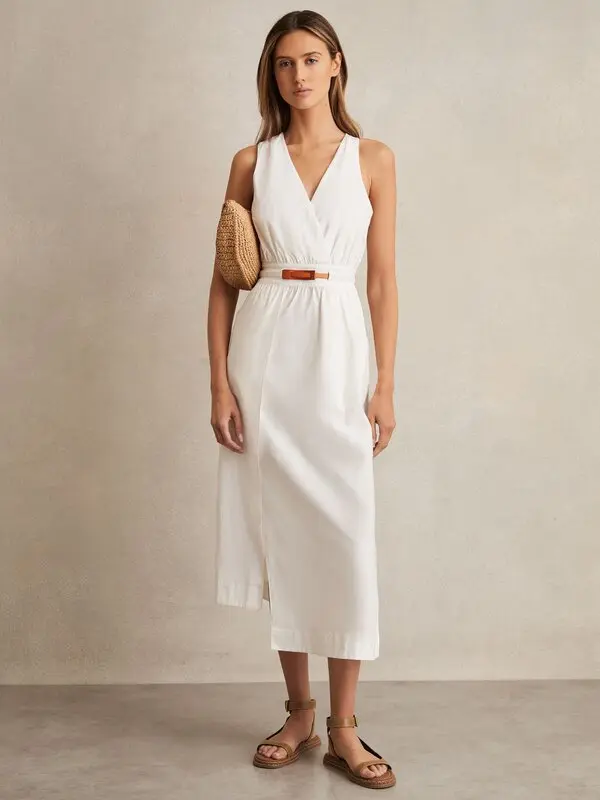 REISS Brianne Poplin Belted Midi Dress
