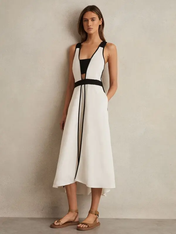 REISS Valencia Contrast Trim Linen Midi Dress - Ivory/black