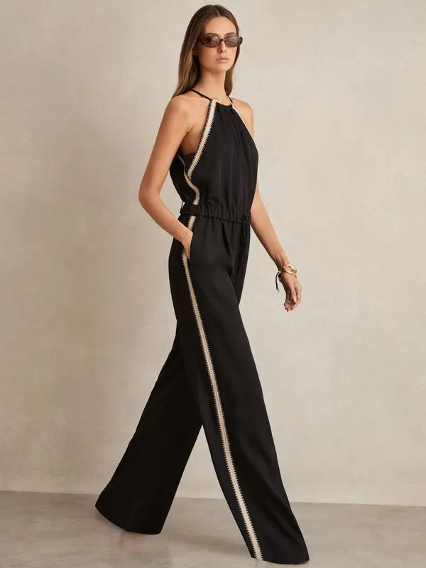 REISS Auden Halterneck Jumpsuit With Craft Stitch - Black