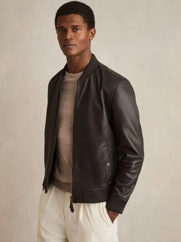 REISS Cast Leather Bomber Jacket - Brown