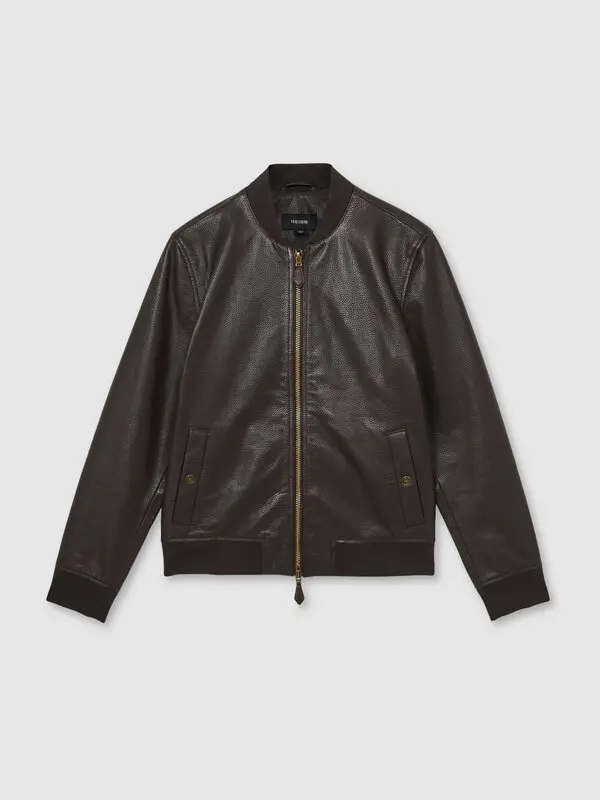 REISS Cast Leather Bomber Jacket - Brown