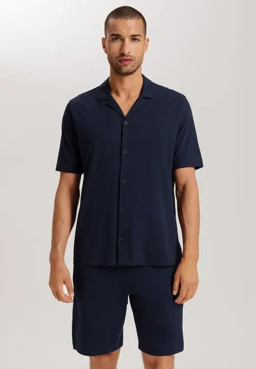 Hanro Night And Day Notch Collar Button Front Cotton Shirt - Deep Navy
