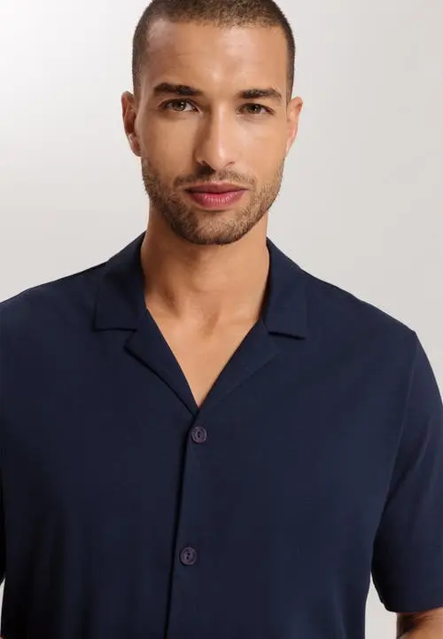 Hanro Night And Day Notch Collar Button Front Cotton Shirt - Deep Navy