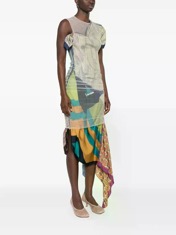 MARINE SERRE Asymmetrical Midi Dress With Scarf Details - Neutrals