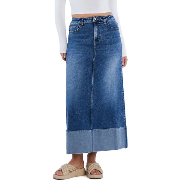 WASH LAB DENIM Cuffed Maxi Skirt - Cuffed Blue
