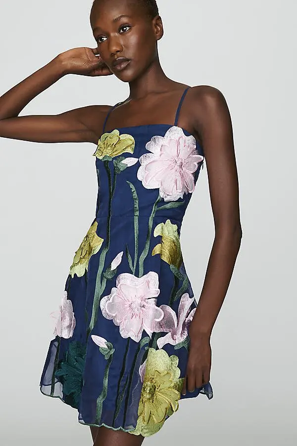 Anthropologie Floral Organza Mini Dress - Navy