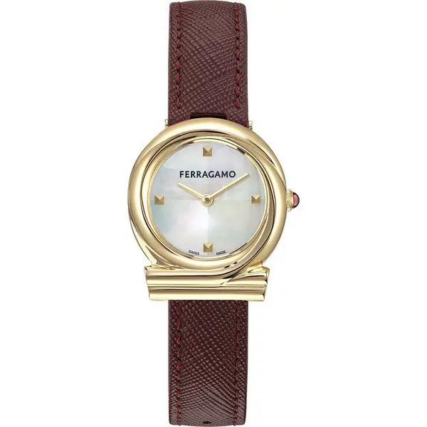 FERRAGAMO Gancini Twisted Leather Strap Watch - Ip Yellow Gold