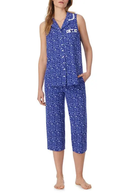 Eileen West Floral Sleeveless Capri Cotton Jersey Pajamas - Navy Print