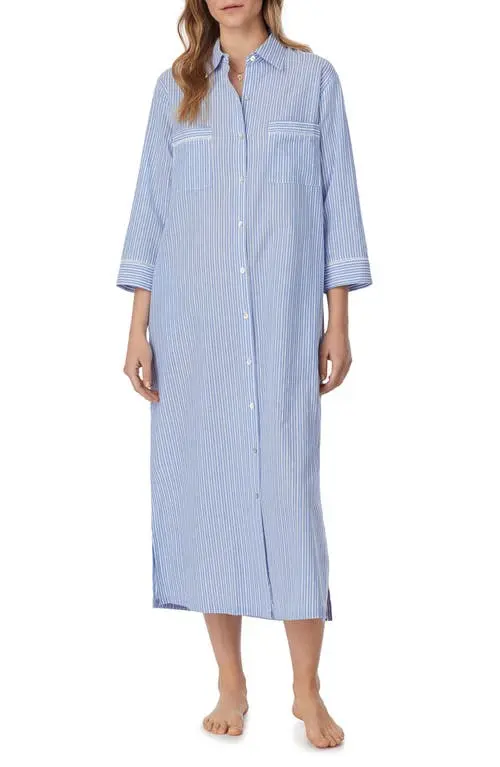 Eileen West Cotton Lawn Long Sleep Shirtdress - Blue Stripe
