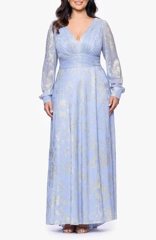 Betsy & Adam Metallic Jacquard Gown - Peri/gold