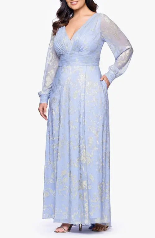 Betsy & Adam Metallic Jacquard Gown - Peri/gold