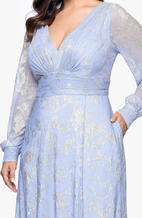 Betsy & Adam Metallic Jacquard Gown - Peri/gold