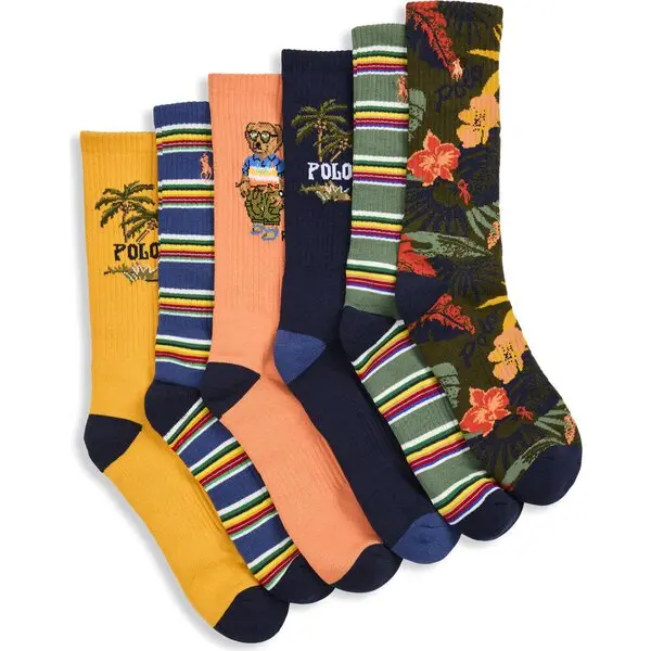 Ralph Lauren 6-pack Surf Club Bear Crew Socks - Multi