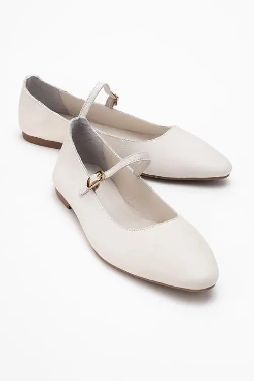 FOREVER & ALWAYS SHOES Lara Leather Mary Jane Flats - Ecru
