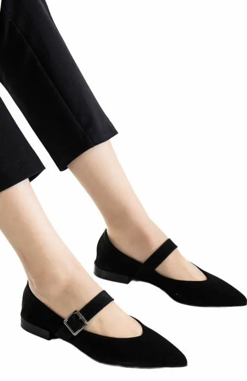FOREVER & ALWAYS SHOES Willow Leather Mary Jane Flats - Black Suede Leather