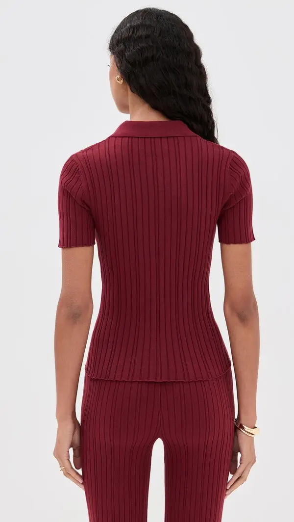 LE BOP Ribbed Knit Button-up Top - Oxblood