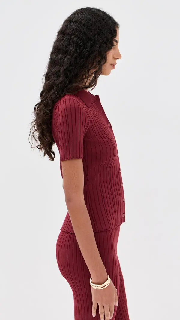 LE BOP Ribbed Knit Button-up Top - Oxblood
