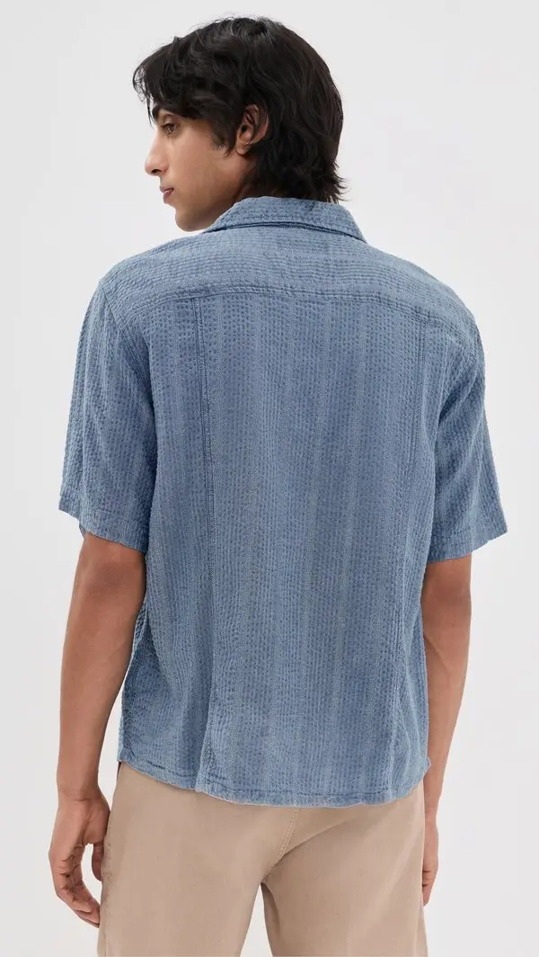 CORRIDOR Striped Seersucker Short Sleeve Shirt - Indigo