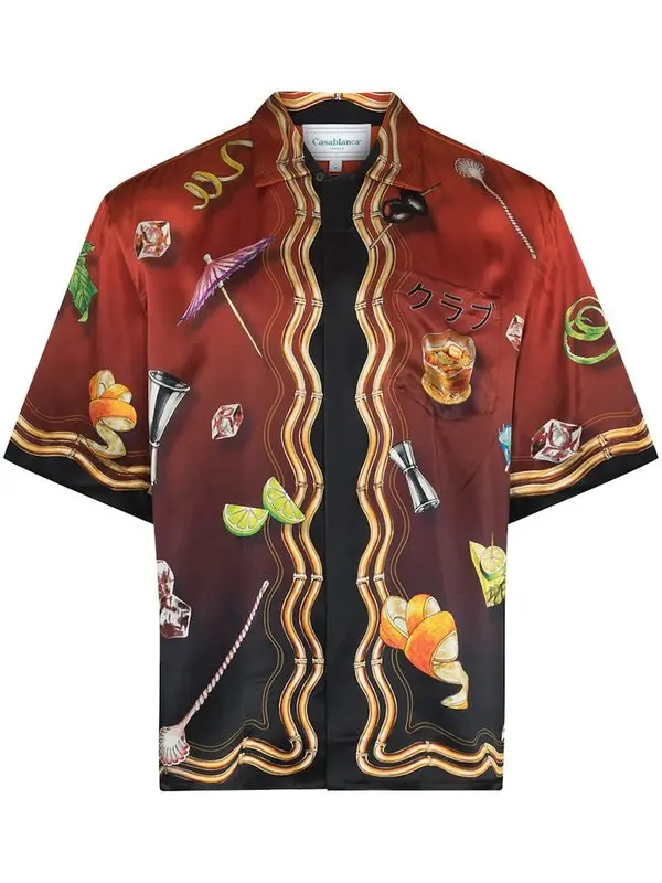 Casablanca Club Sunset Short Sleeve Silk Shirtin - Red