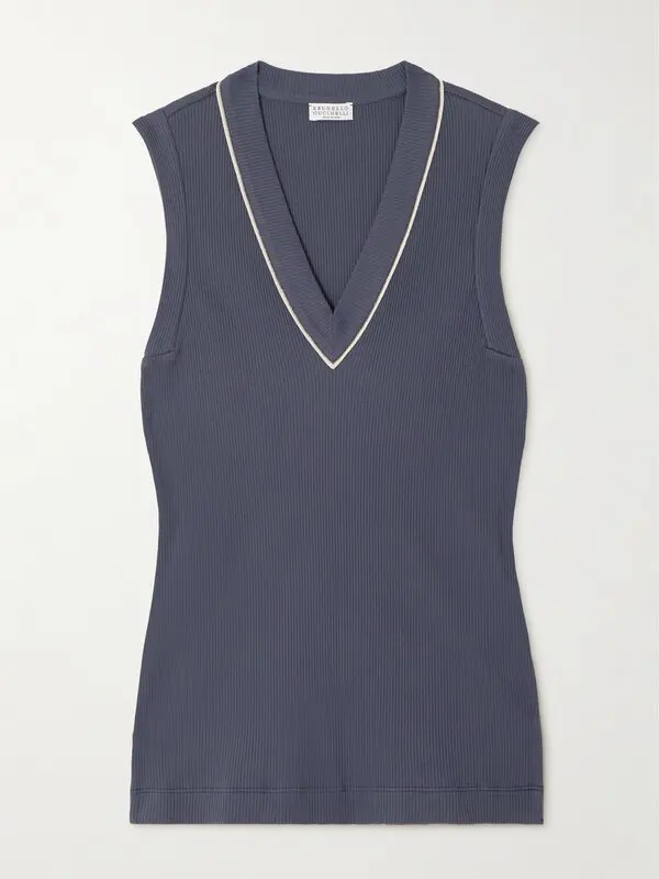 Brunello Cucinelli Bead-embellished Ribbed Tank