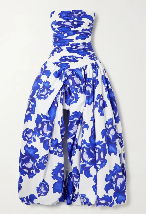 aje behold ruched floral cotton maxi dress Aje Behold Strapless Ruched Floral-print Cotton-poplin Gown In Blue