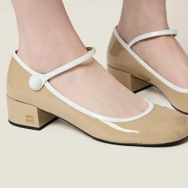 Miu Miu Two-Tone Patent Leather Mary Jane Pumps - Sand/White