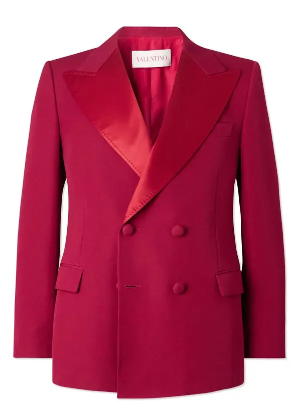 Valentino Garavani Double-breasted Silk Satin-trimmed Grain De Poudre Wool Blazer - Red