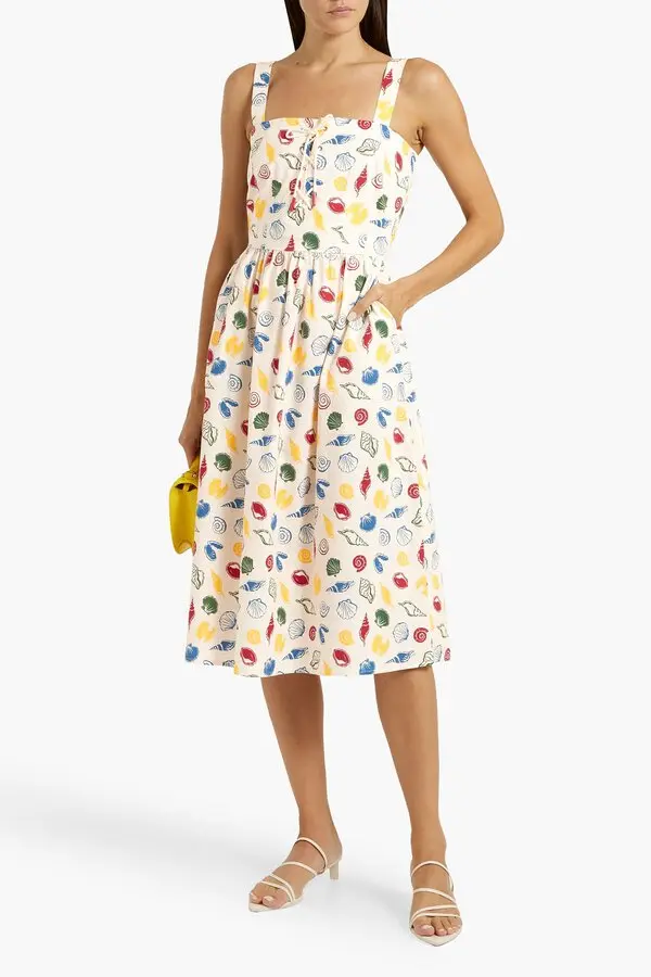 Hvn Laura Lace-Up Printed Midi Dress In Cream - 85% Off | Editorialist