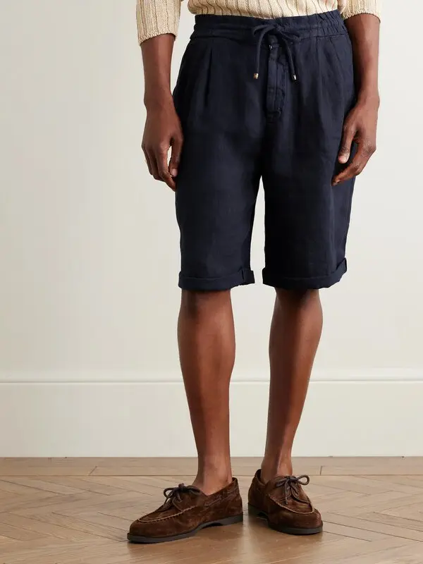Brunello Cucinelli Straight-leg Pleated Linen Bermuda Shorts - Blue